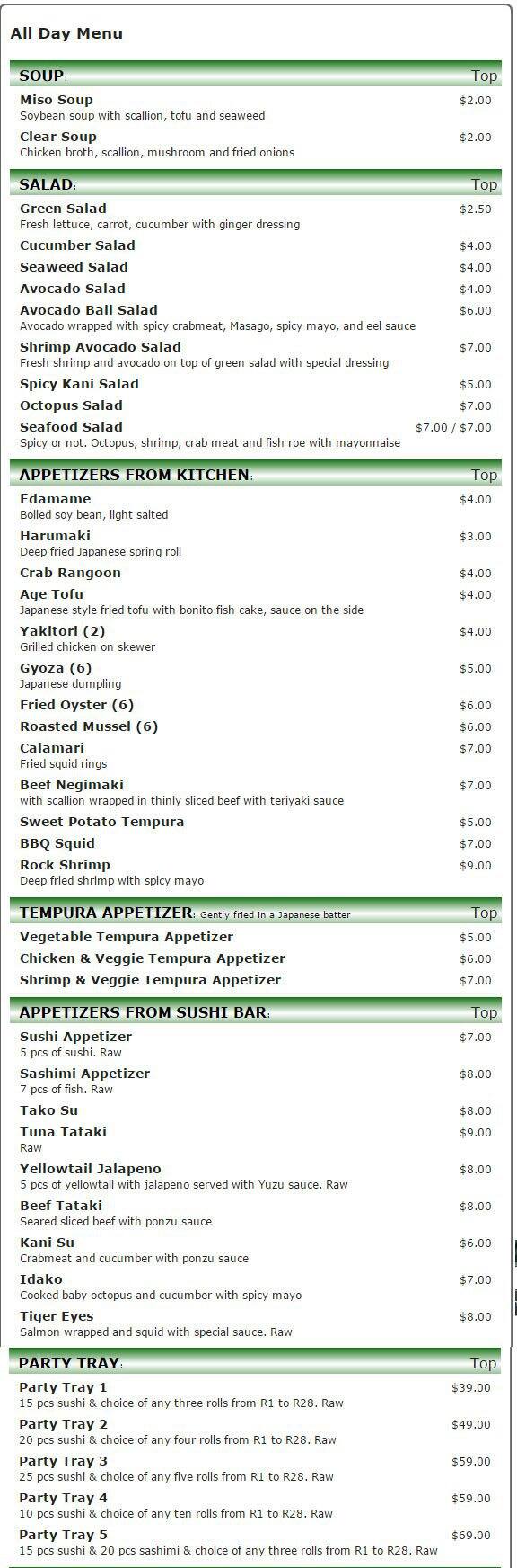 Menu at Asahi Japanese Hibachi & Sushi Bar, Ada