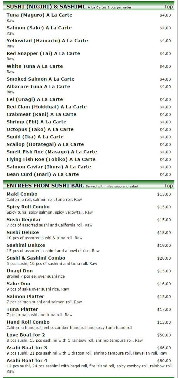 Menu at Asahi Japanese Hibachi & Sushi Bar, Ada