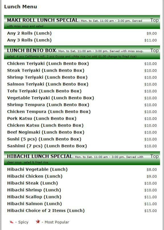 Menu at Asahi Japanese Hibachi & Sushi Bar, Ada