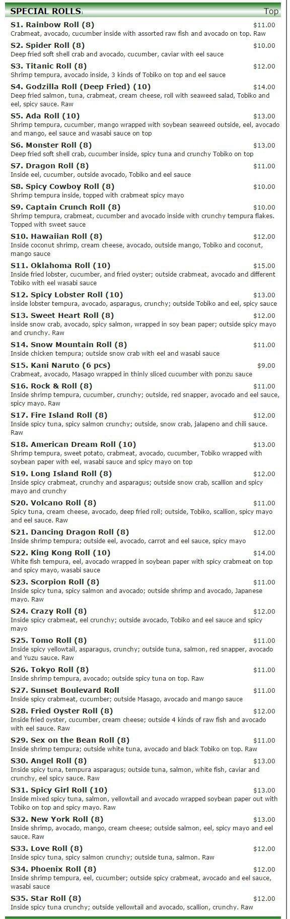 Menu at Asahi Japanese Hibachi & Sushi Bar, Ada