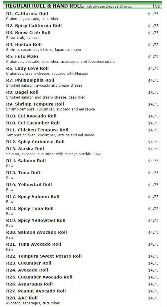 Menu at Asahi Japanese Hibachi & Sushi Bar, Ada