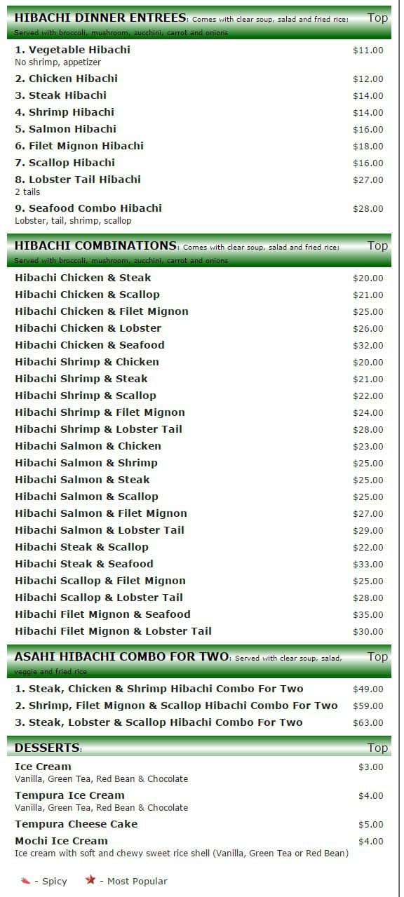 Menu at Asahi Japanese Hibachi & Sushi Bar, Ada