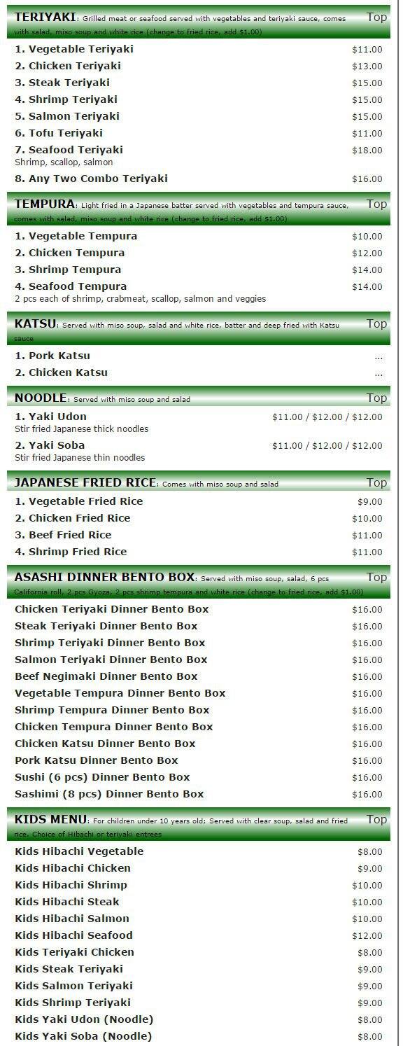 Menu at Asahi Japanese Hibachi & Sushi Bar, Ada