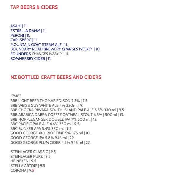 Menu at Fireworks BBQ, Auckland