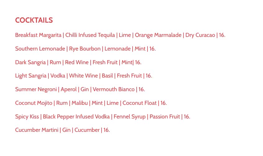 Menu at Fireworks BBQ, Auckland