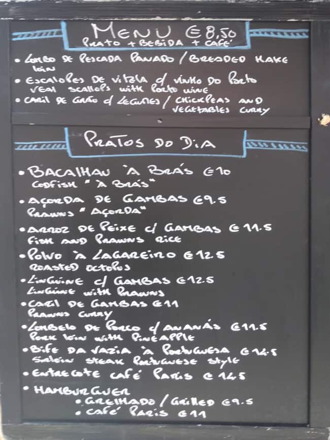 Menu at Carapau de Corrida restaurant, Lisbon