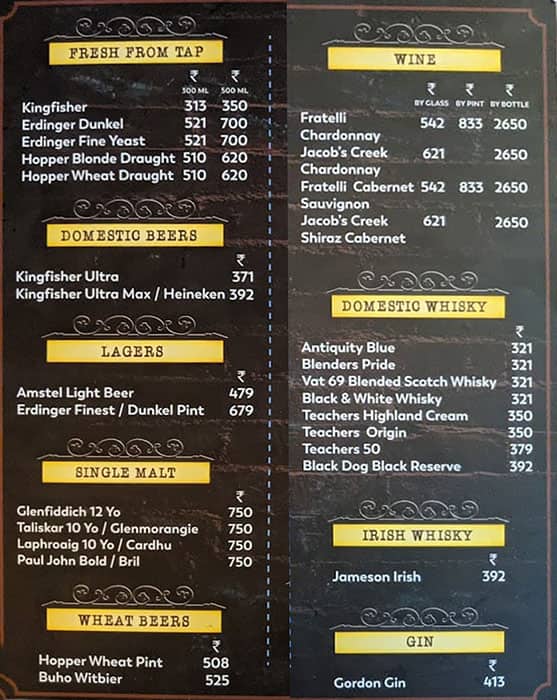 Menu of The Irish House, Aerocity, New Delhi