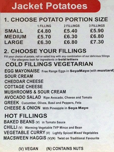 Menu at The Baked Potato Shop fast food, Edinburgh
