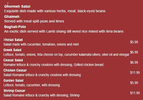 Menu at Shiraz Restaurant, Richmond Hill, Yonge St
