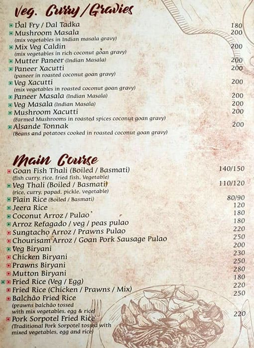 Menu at Sheela Restaurant & Bar, Chicalim