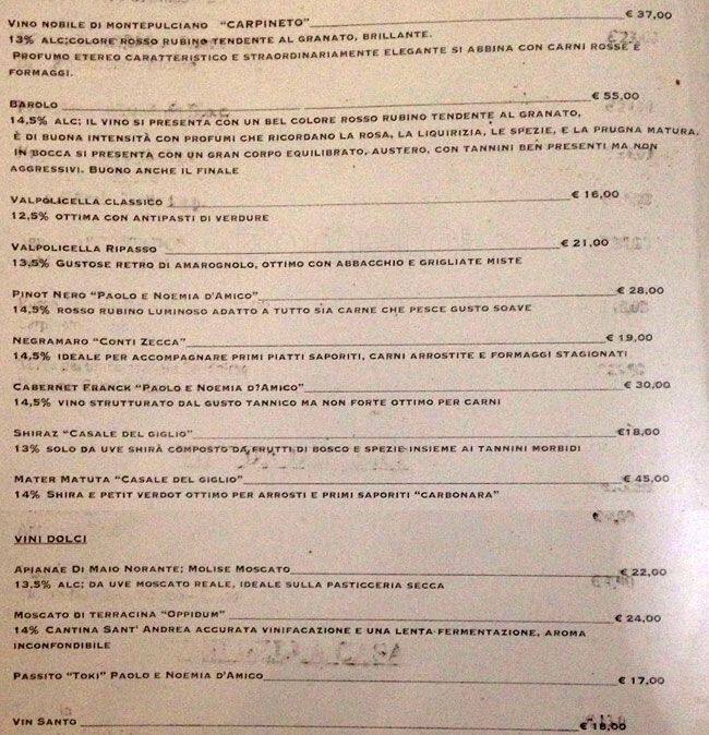 Menu at Da Carlone restaurant, Rome