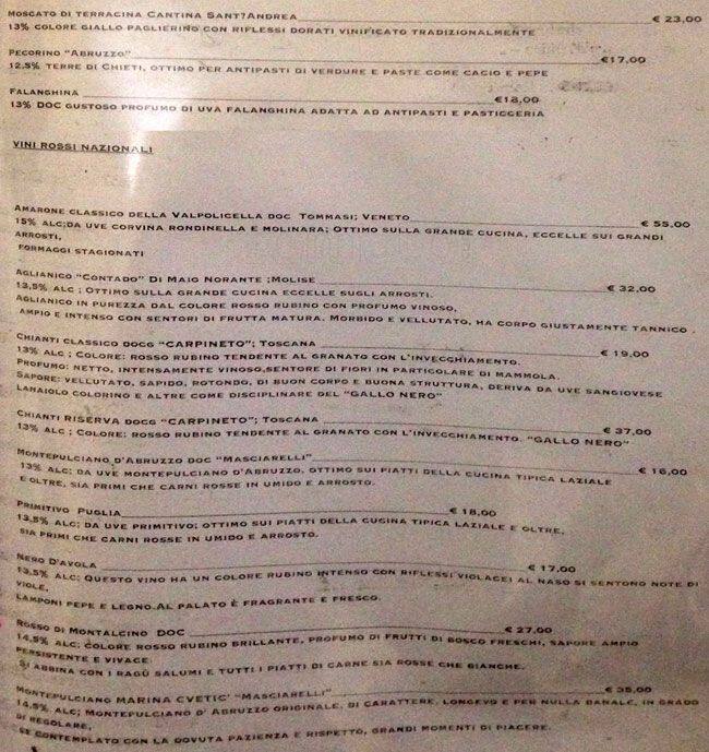 Menu at Da Carlone restaurant, Rome