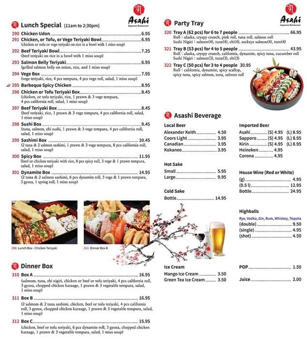 Menu at Asahi Japanese restaurant, Port Coquitlam