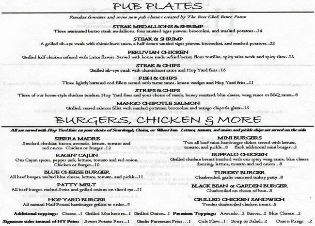 Menu at The Hop Yard American Alehouse & Grill pub & bar, San Ramon