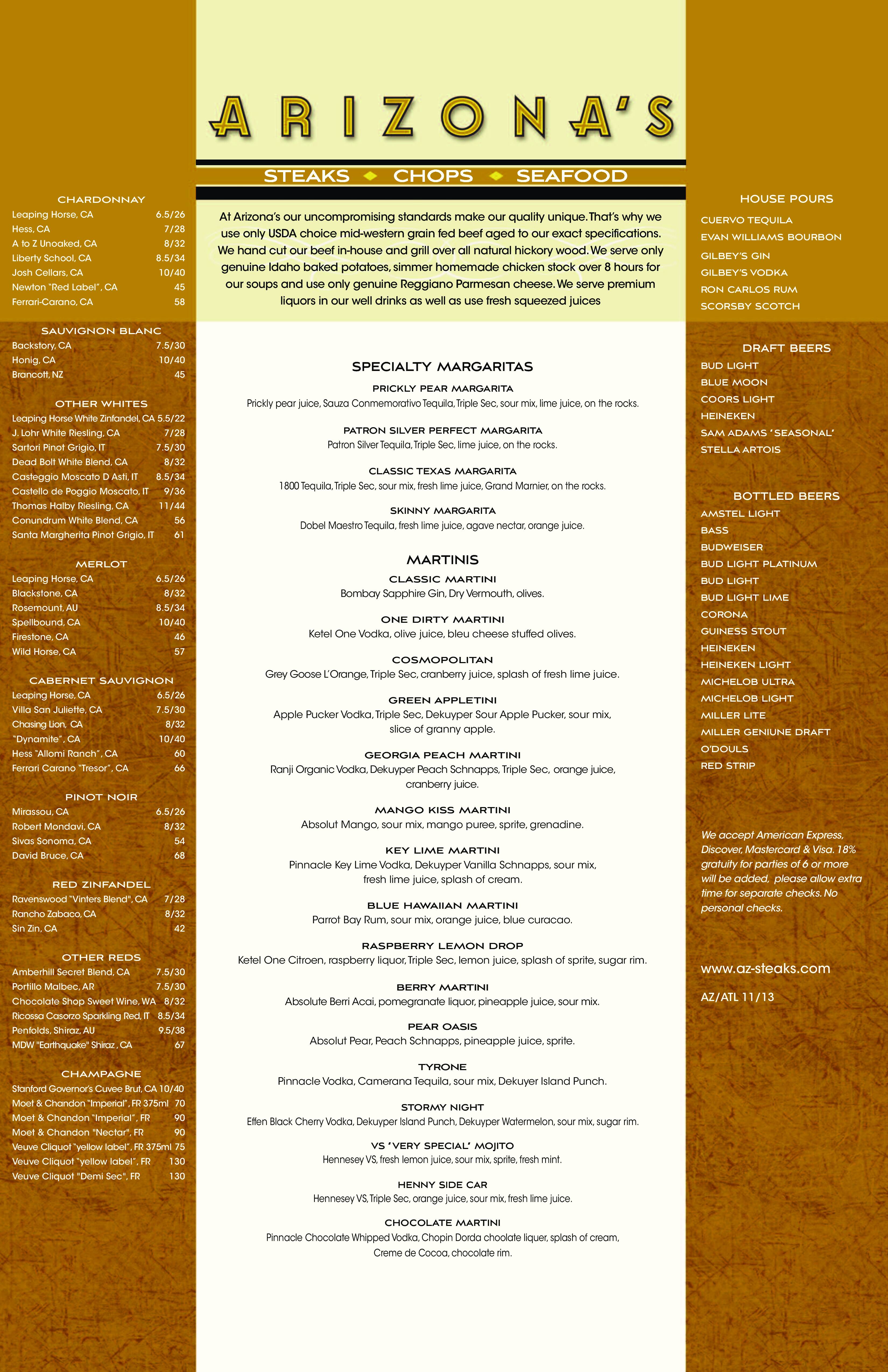 Menu at Arizona's steakhouse, Lithonia, Stonecrest Cir