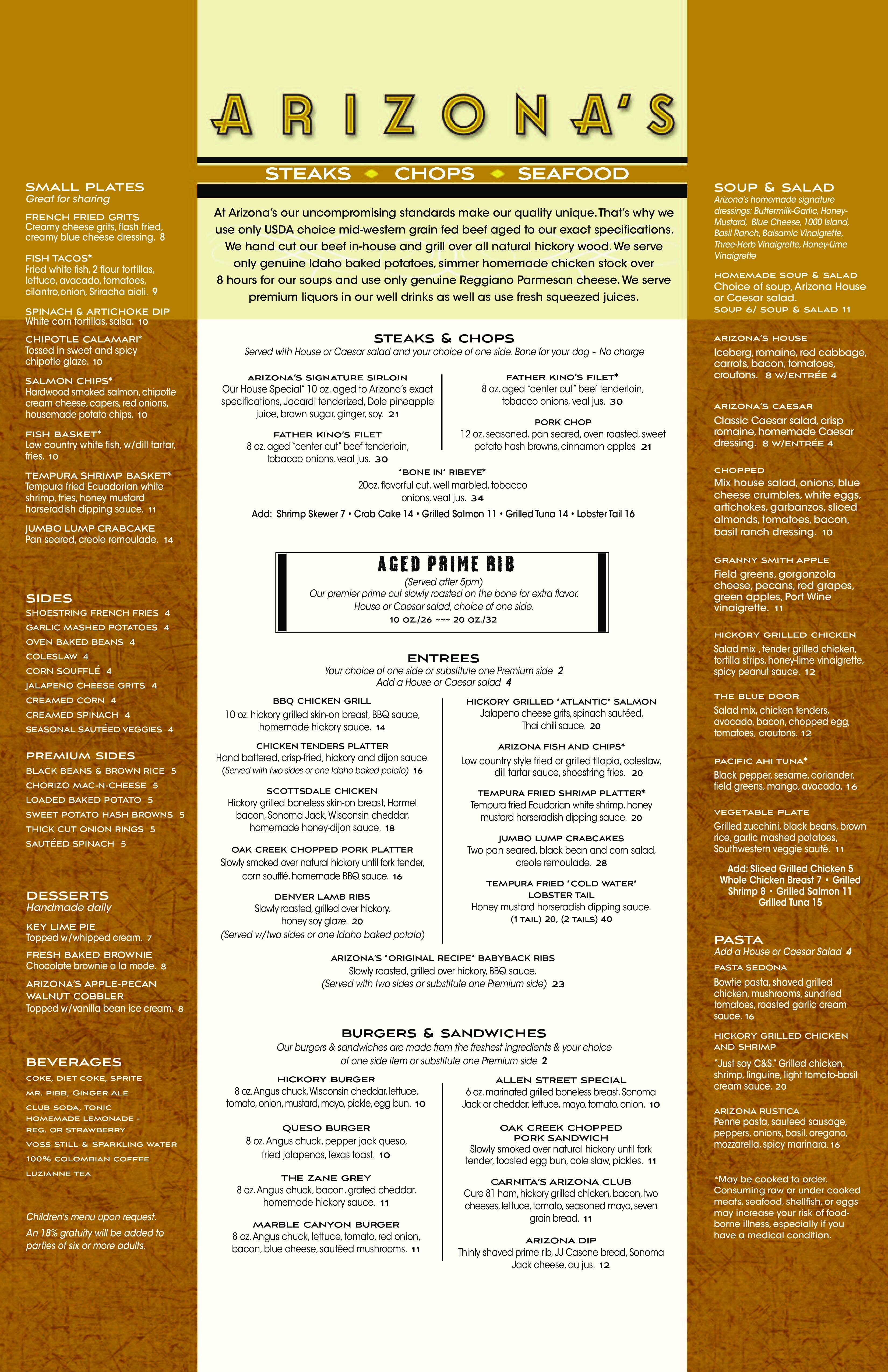Menu at Arizona's steakhouse, Lithonia, Stonecrest Cir