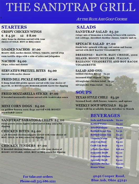 Menu at Sandtrap Grill restaurant, Blue Ash