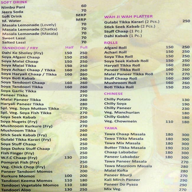 Menu at Wah Ji Wah, Gurugram, Shop 1A