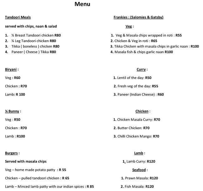 Speisekarte von Simply India ( indian street food ) restaurant, Kapstadt