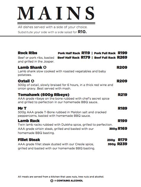 Menu at The Rock Kyalami restaurant, Midrand