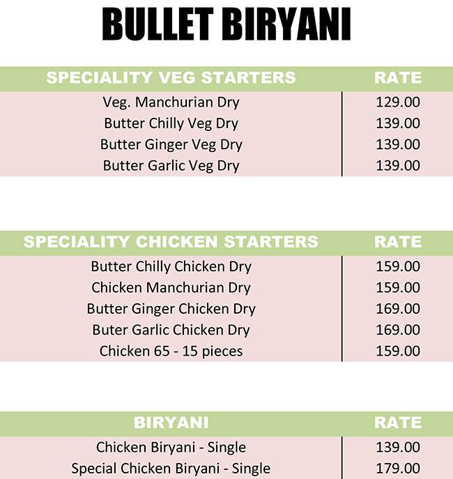 Menu of Bullet Biryani, RTC X roads, Hyderabad
