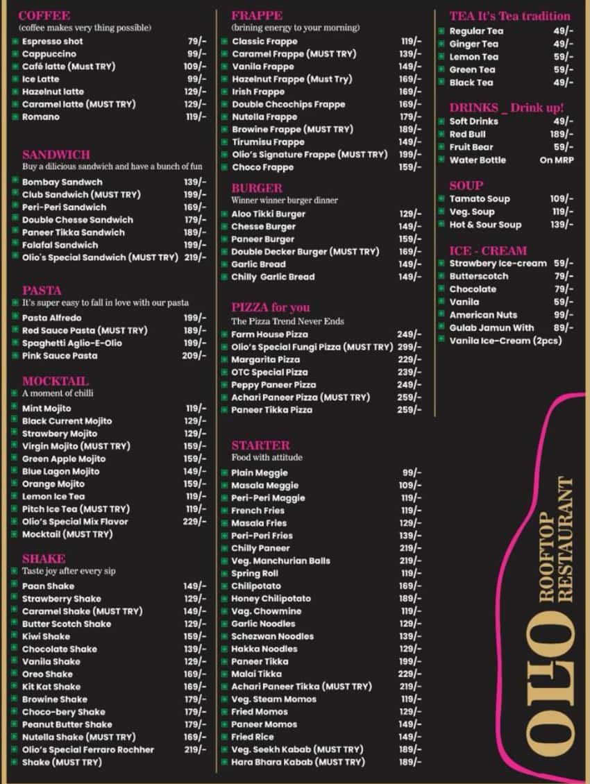 Menu of Olio Rooftop Cafe & Kitchen, Jhotwara, Jaipur