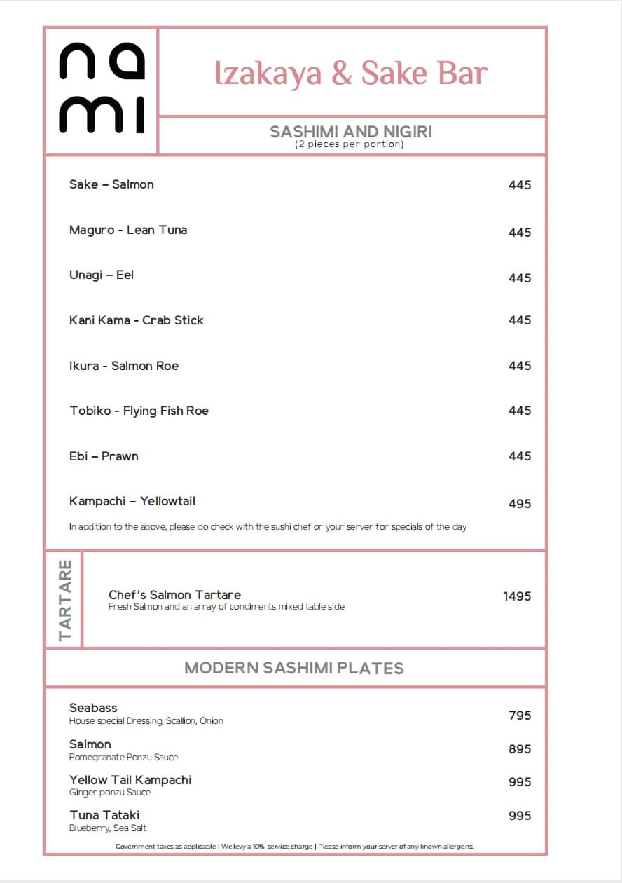 Menu of Nami Goa, Assagao, Goa