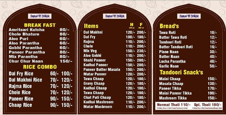 Menu of Simran Da Dhaba, Kalkaji, New Delhi