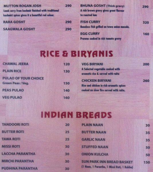 Menu at Hotel Sun Park, Dehradun