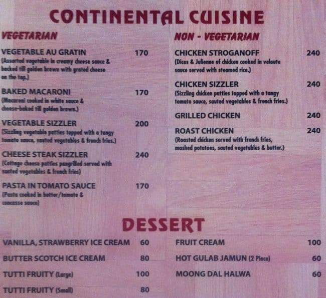 Menu at Hotel Sun Park, Dehradun