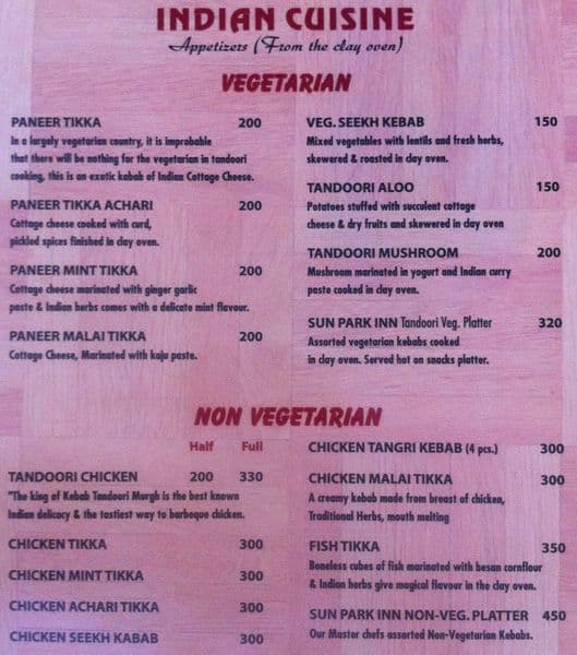 Menu at Hotel Sun Park, Dehradun