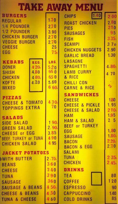 Menu at Tasty's fast food, London, 969 Fulham Rd.