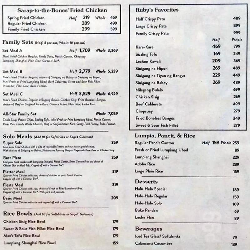 Menu at Max's Restaurant, Taytay, Ortigas Ave Ext