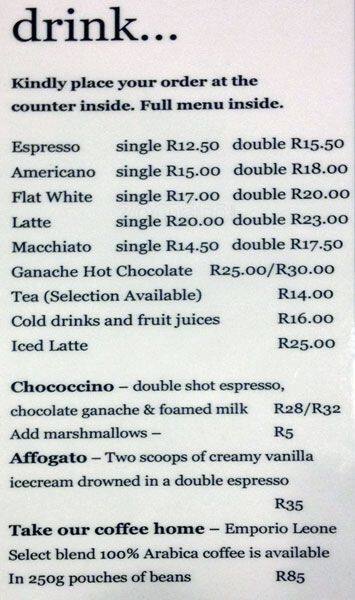 Speisekarte von EMPORIO LEONE cafe, Kapstadt, Shop 6104