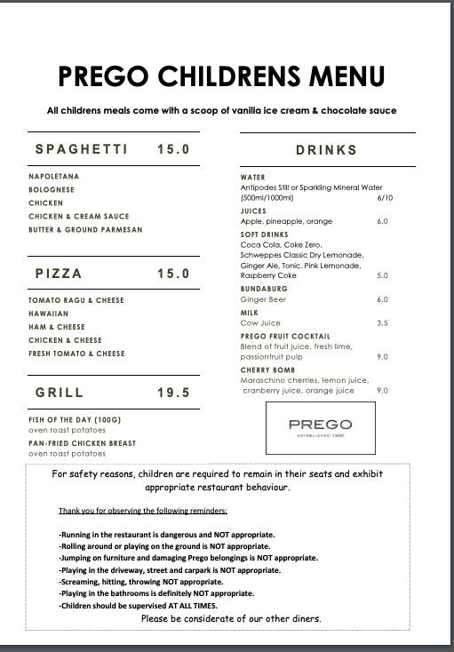 Menu at Prego Restaurant, Auckland