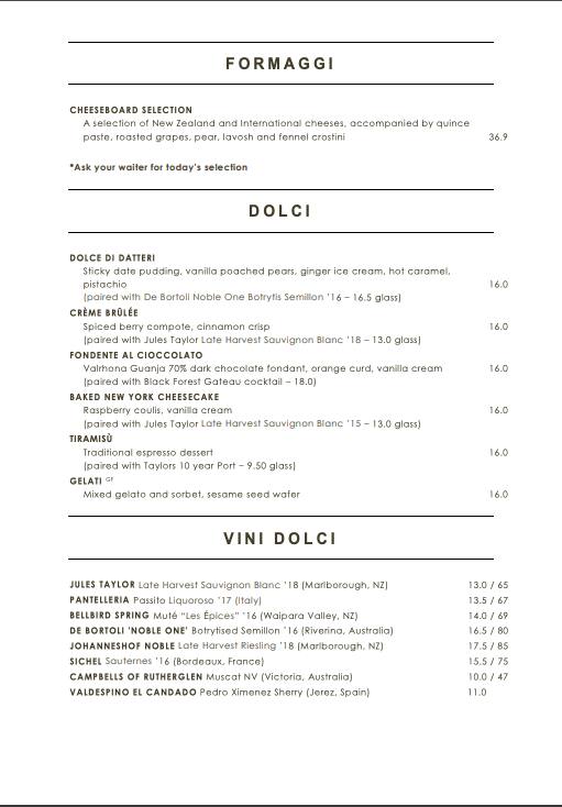 Menu at Prego Restaurant, Auckland