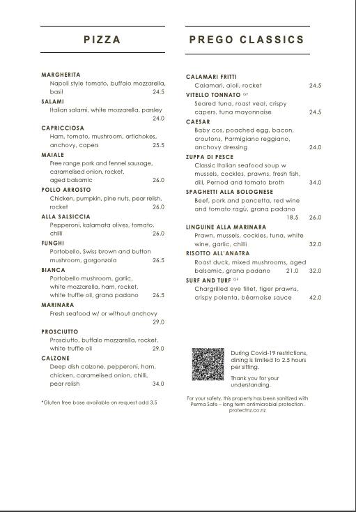 Menu at Prego Restaurant, Auckland