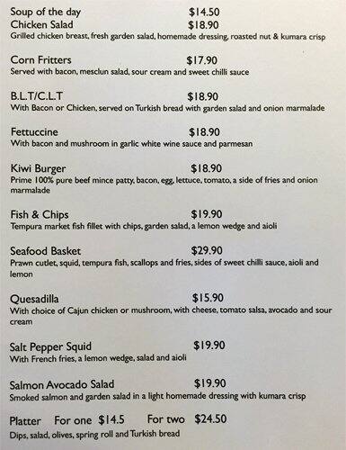 Menu at The Pinehouse Cafe, Orewa