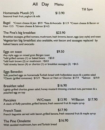 Menu at The Pinehouse Cafe, Orewa