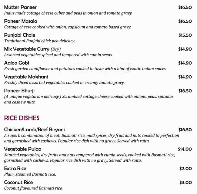 Menu at Indus restaurant, Wellington