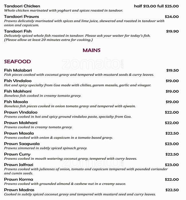 Menu at Indus restaurant, Wellington