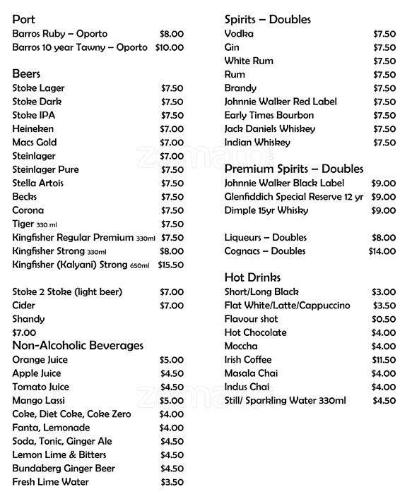 Menu at Indus restaurant, Wellington