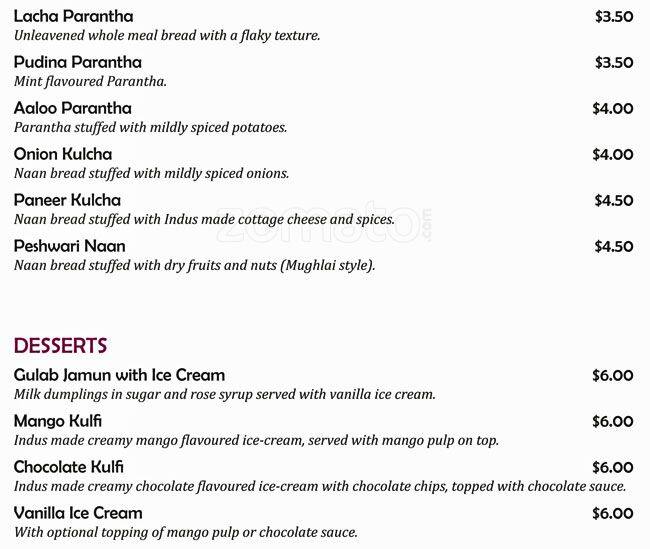 Menu at Indus restaurant, Wellington