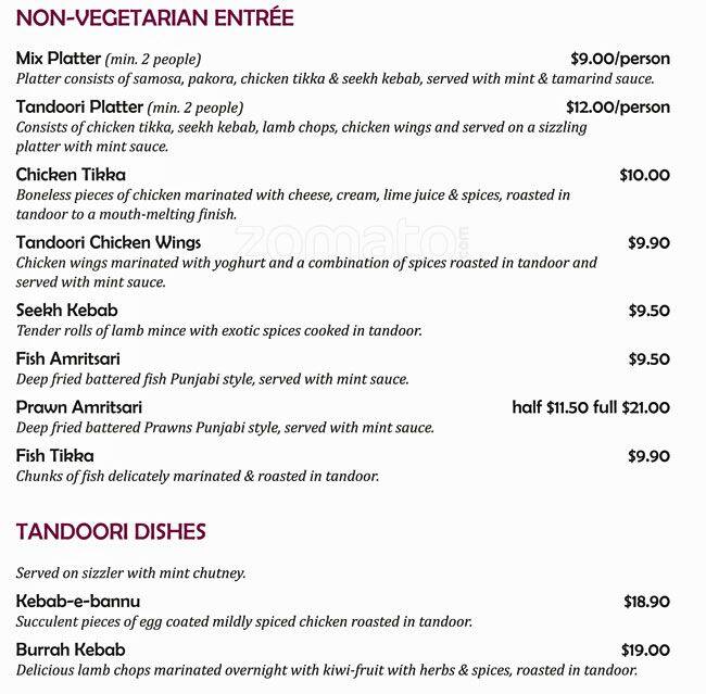 Menu at Indus restaurant, Wellington