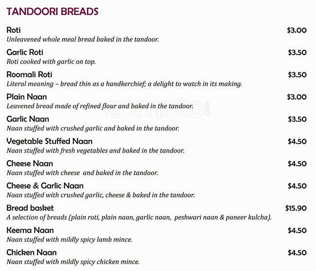 Menu at Indus restaurant, Wellington