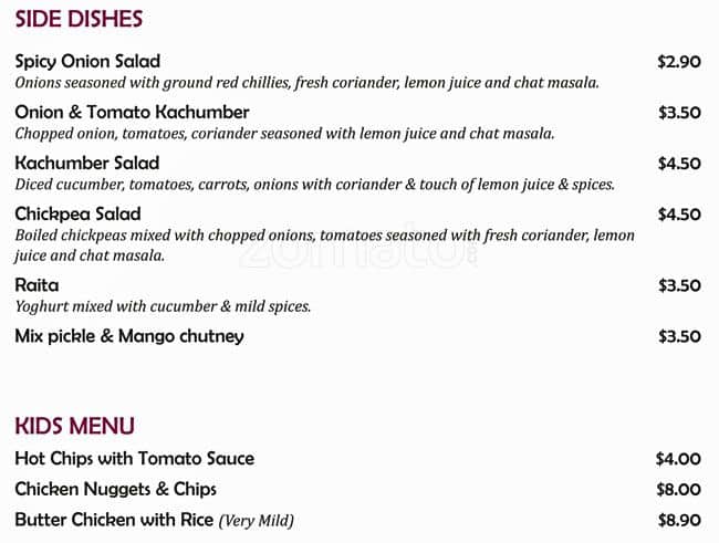 Menu at Indus restaurant, Wellington