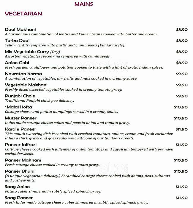 Menu at Indus restaurant, Wellington