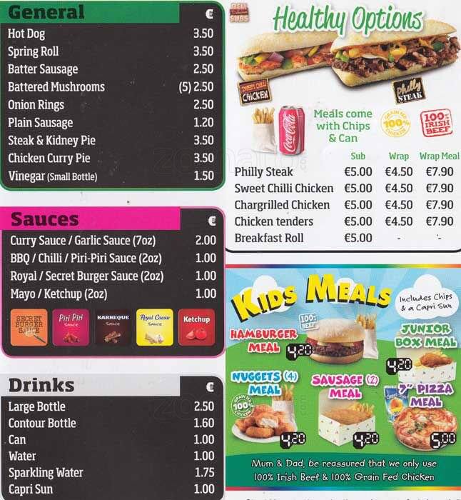 Menu at Central Takeaway cafe, Dublin