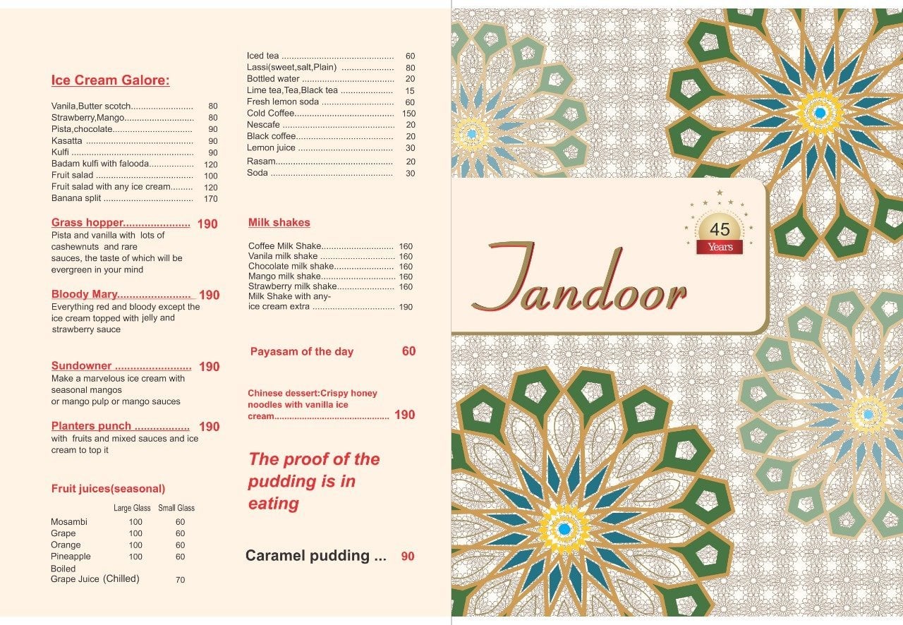 Menu at Tandoor, Kochi