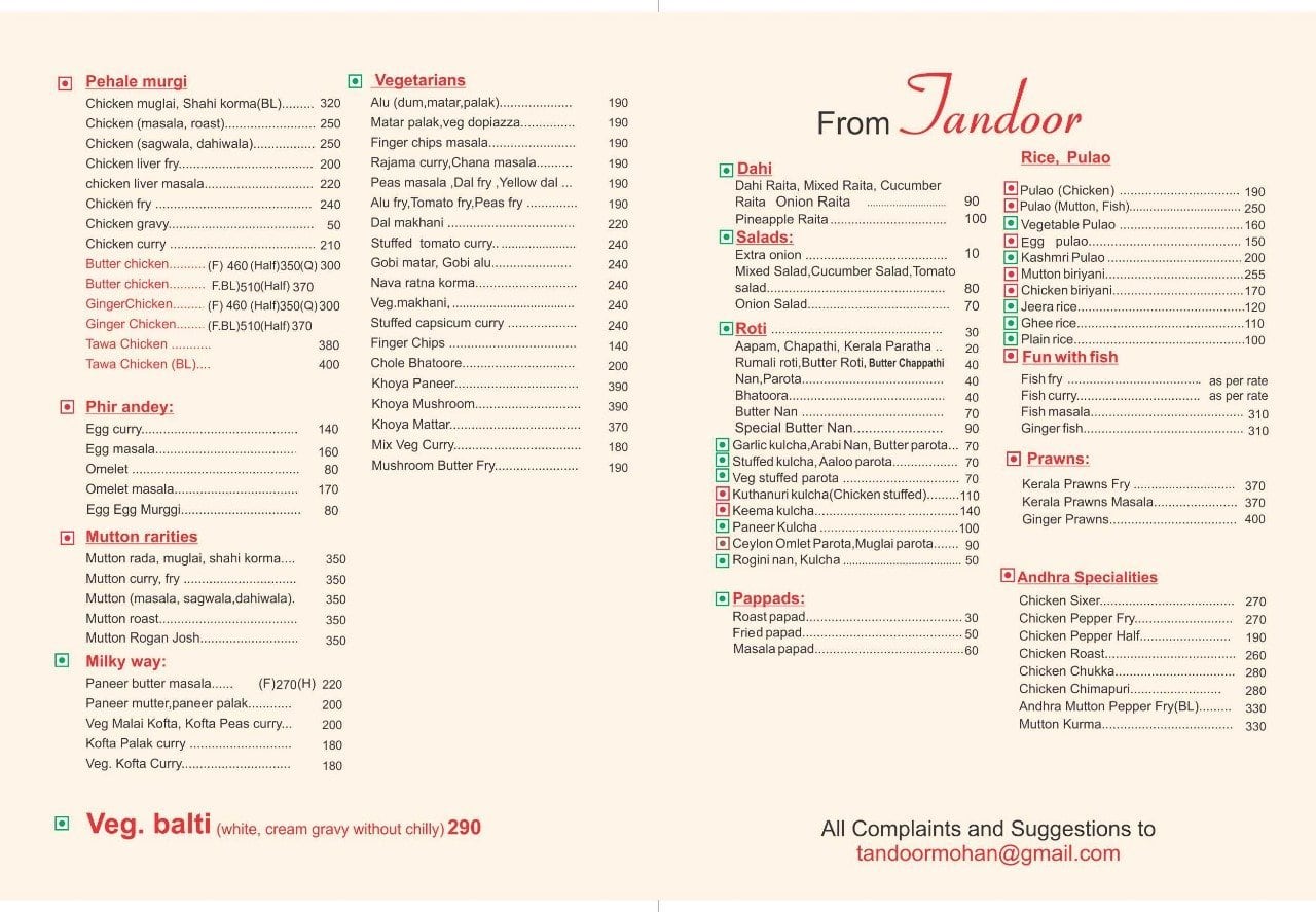 Menu at Tandoor, Kochi